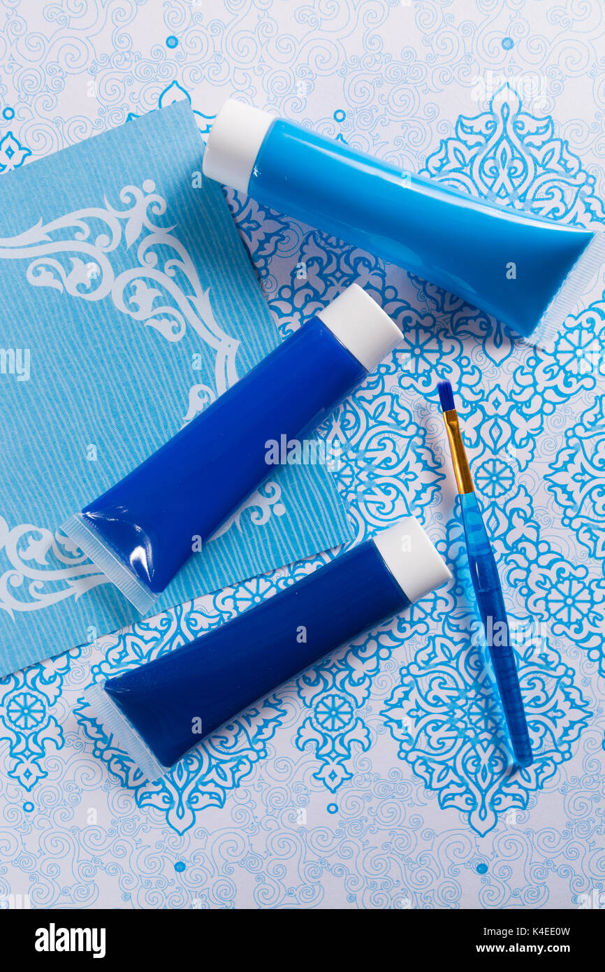 Blue, indigo, cobalt colours - home interieur design concept, on blue ...