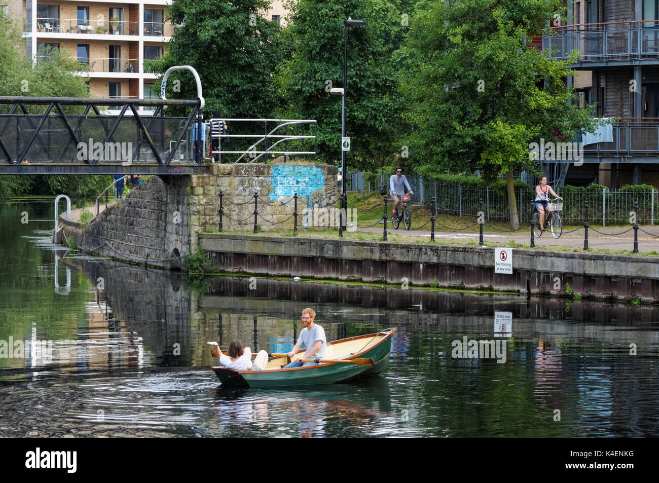 People enjoy summer day on the river Lea in London, England, United ...