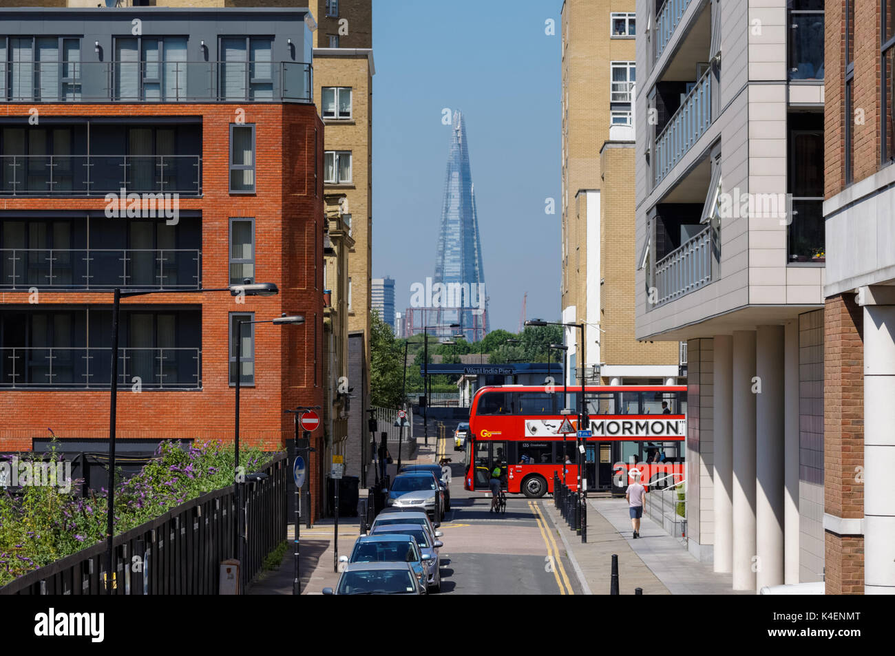 View across Cuba Street in Canary Wharf towards the Shard skyscraper ...