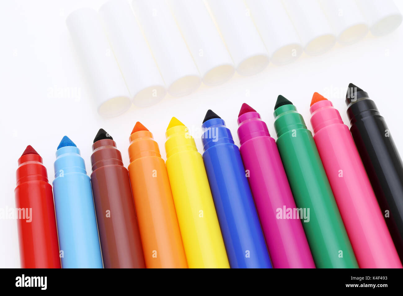 row of colorful pens for painting or drawing on white background Stock ...