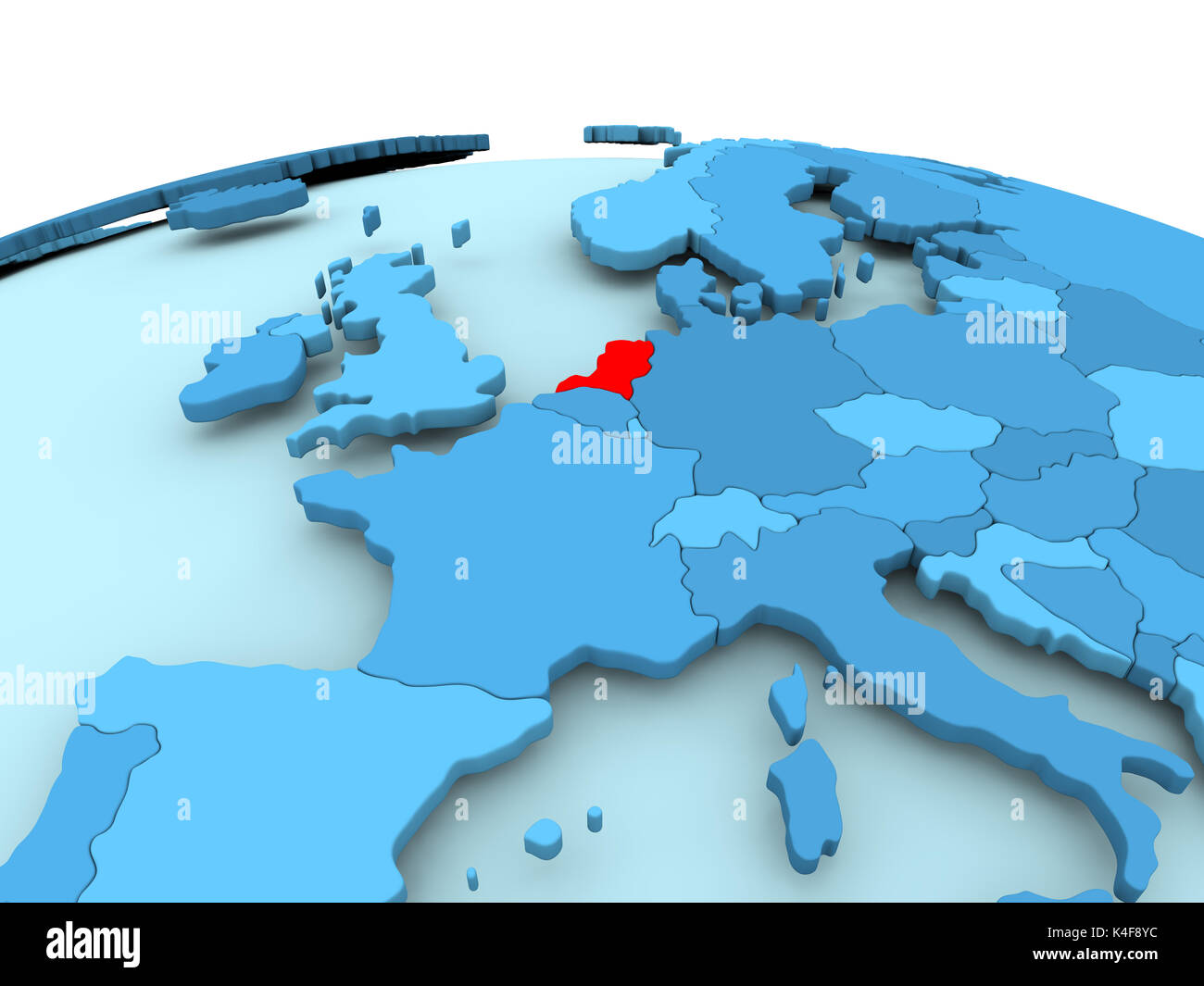 Map of Netherlands in red on blue political globe. 3D illustration ...