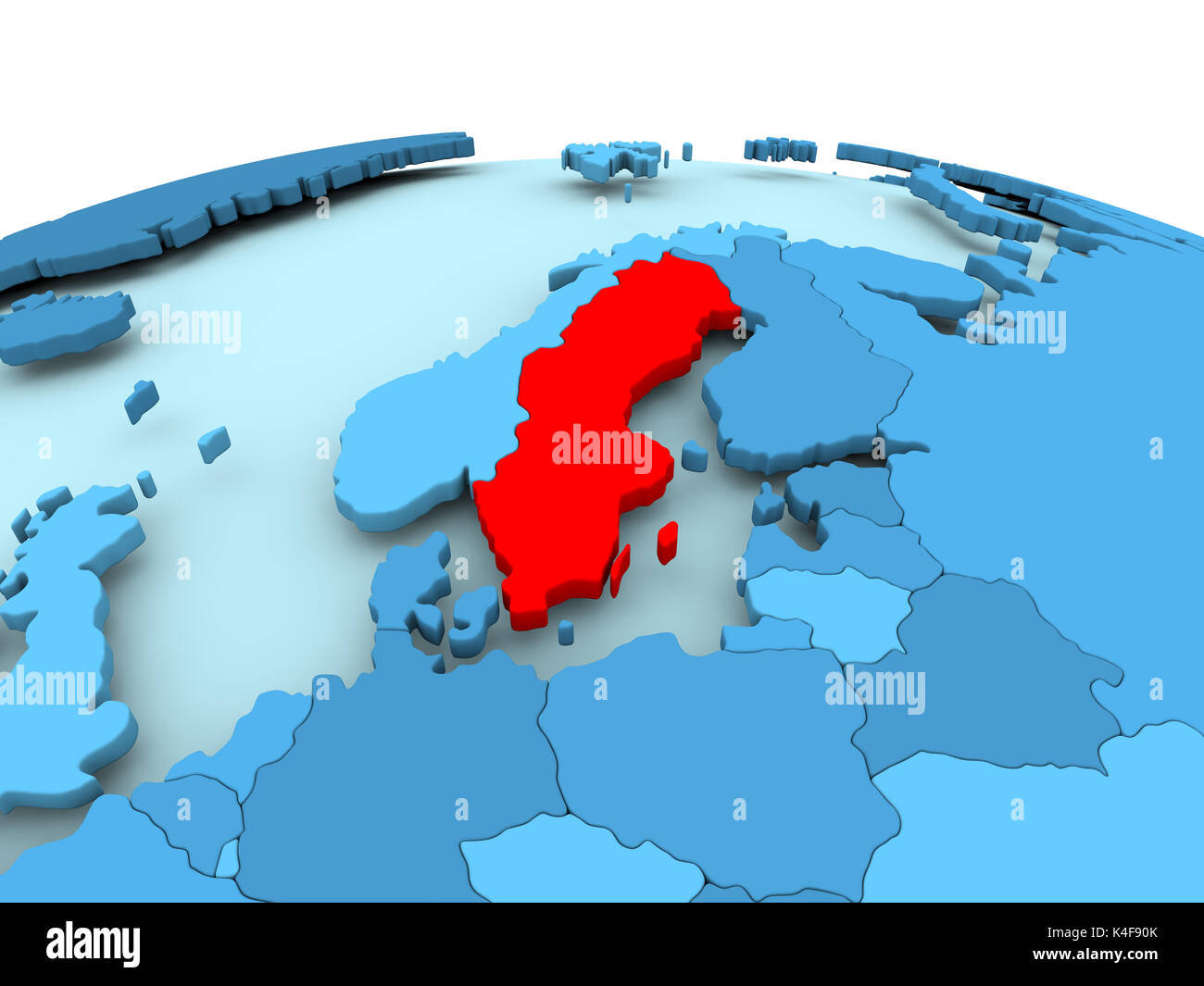Map of Sweden in red on blue political globe. 3D illustration Stock ...