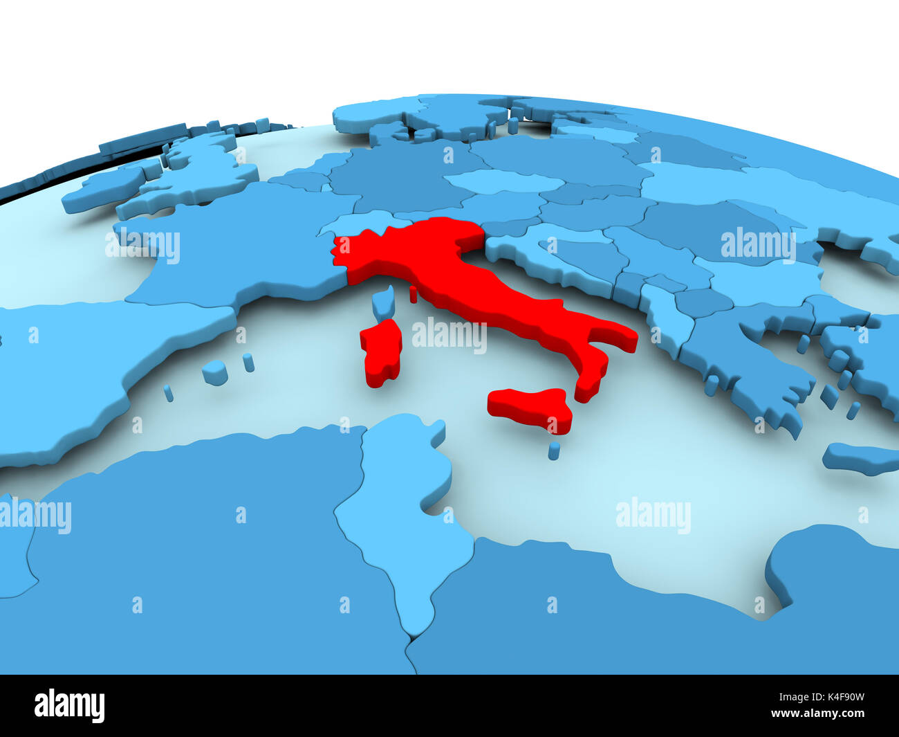 Map of Italy in red on blue political globe. 3D illustration Stock ...