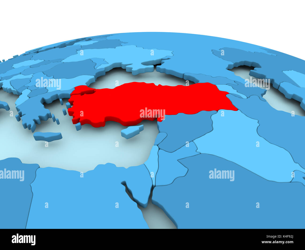 Map of Turkey in red on blue political globe. 3D illustration Stock ...