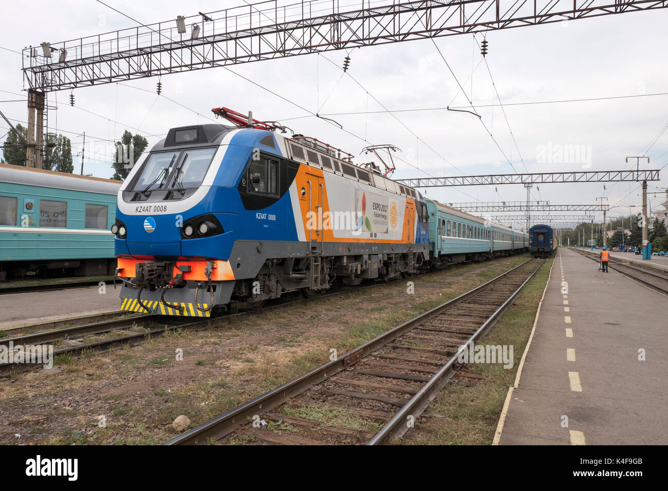 Kazakh railway trains and carriages at Almaty railway station in ...