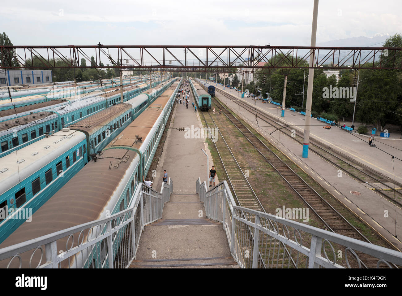 Kazakh railway trains and carriages at Almaty railway station in ...