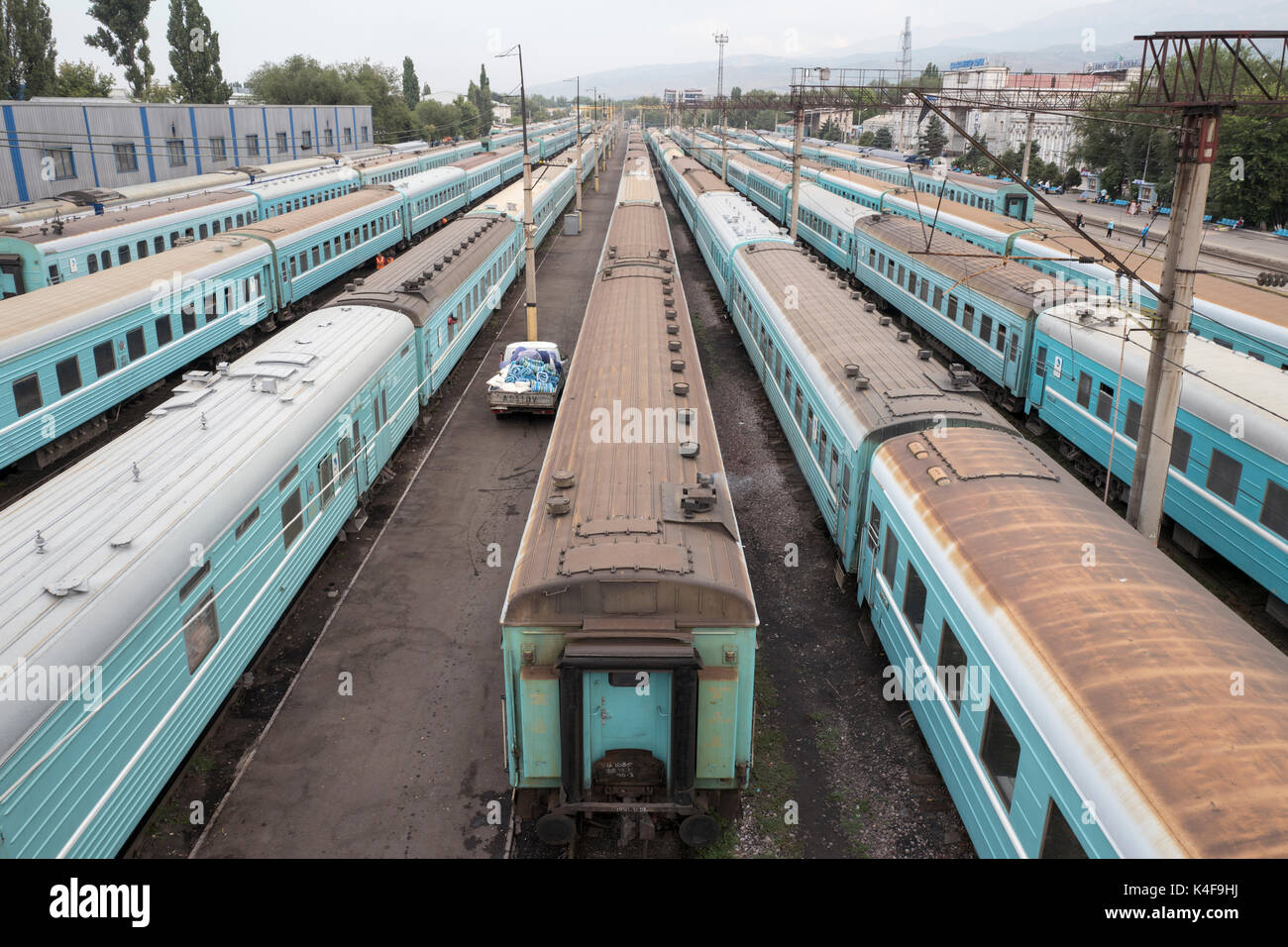 Kazakh railway trains and carriages at Almaty railway station in ...