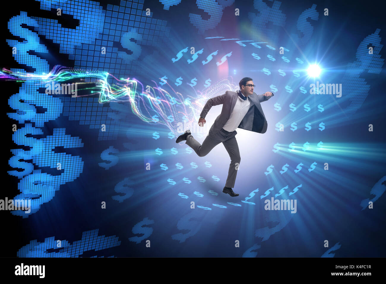 Businessman in hamster wheel chasing dollars Stock Photo - Alamy