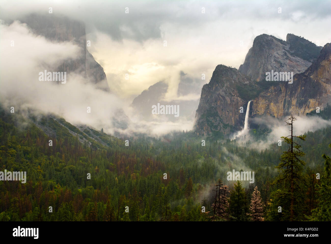 Cloudy / foggy view of Half Dome, Bridal Veil Falls and El Capitan from ...