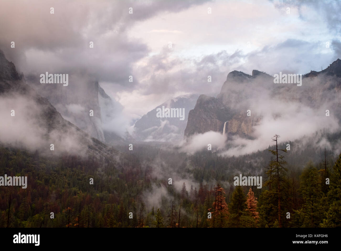 Cloudy / foggy view of Half Dome, Bridal Veil Falls and El Capitan from ...