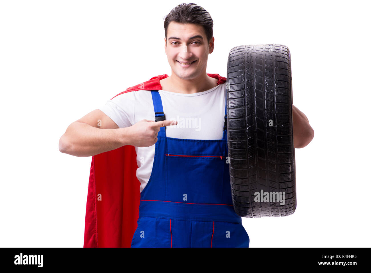Superhero man with tyre isolated white background Stock Photo - Alamy