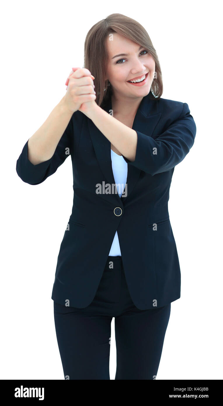 Portrait of excited business woman raising hand on white Stock Photo ...