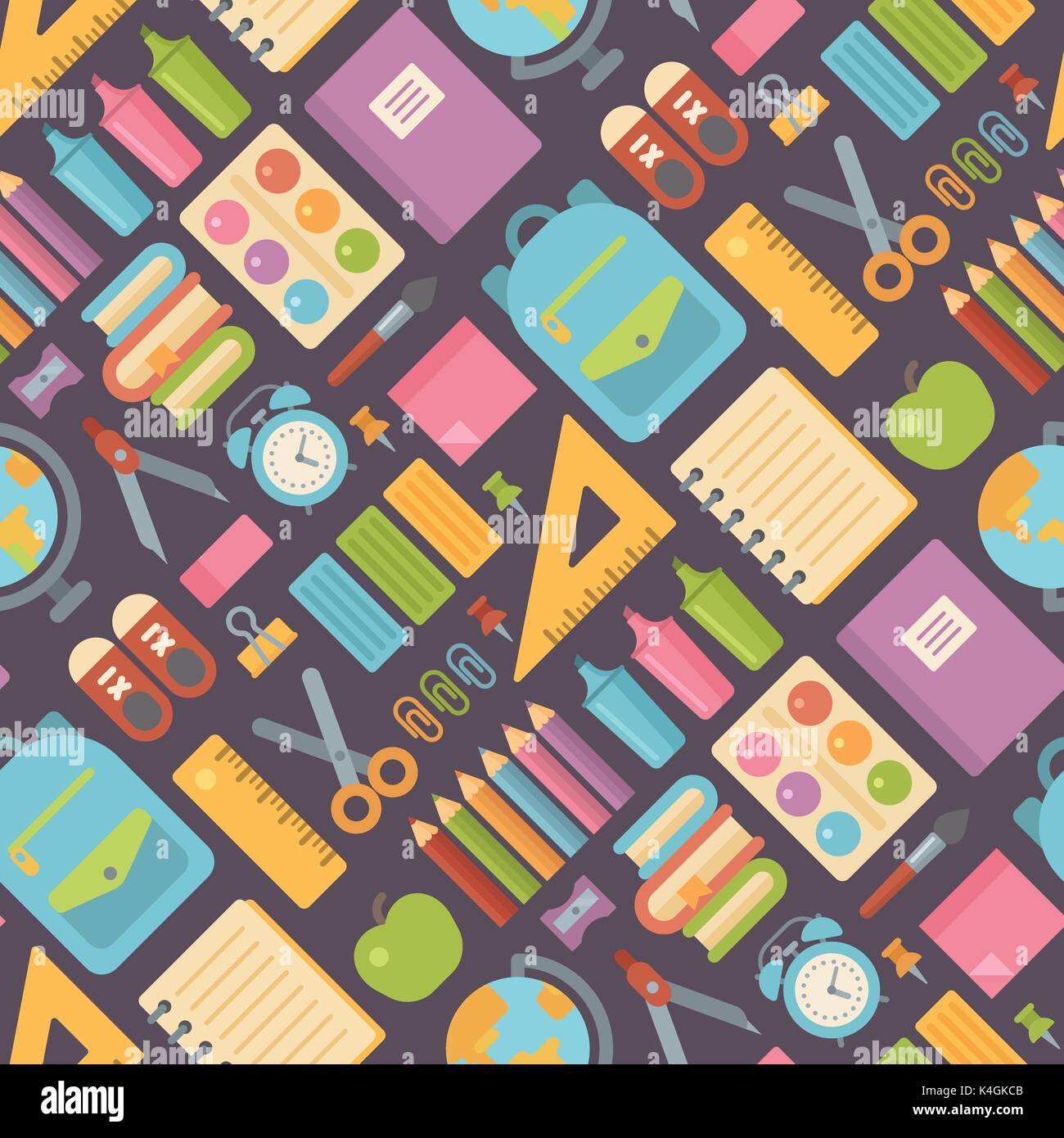 School items seamless pattern on dark background. Back to school Stock ...