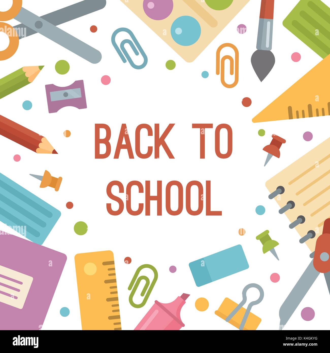 Back to school, stationery flat icons banner. Scissors, paintbrush ...