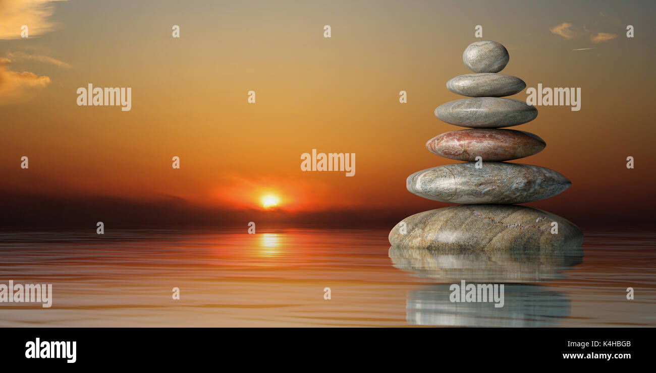 Zen stones stack on water st sunset. 3d illustration Stock Photo - Alamy