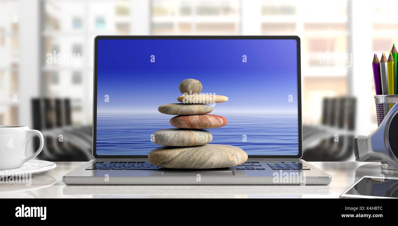Relaxation at the office. Zen stones stack on a computer. 3d ...
