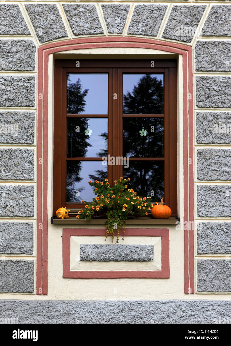 Beautiful country house window with flowers Stock Photo - Alamy