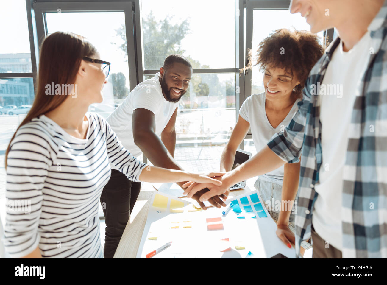 Positive colleagues holding hands together Stock Photo - Alamy