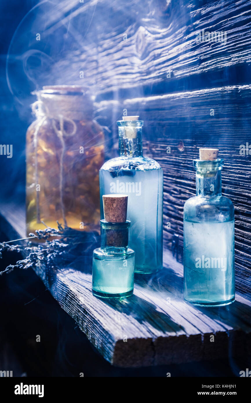 Magical lab full of blue potion for Halloween Stock Photo - Alamy