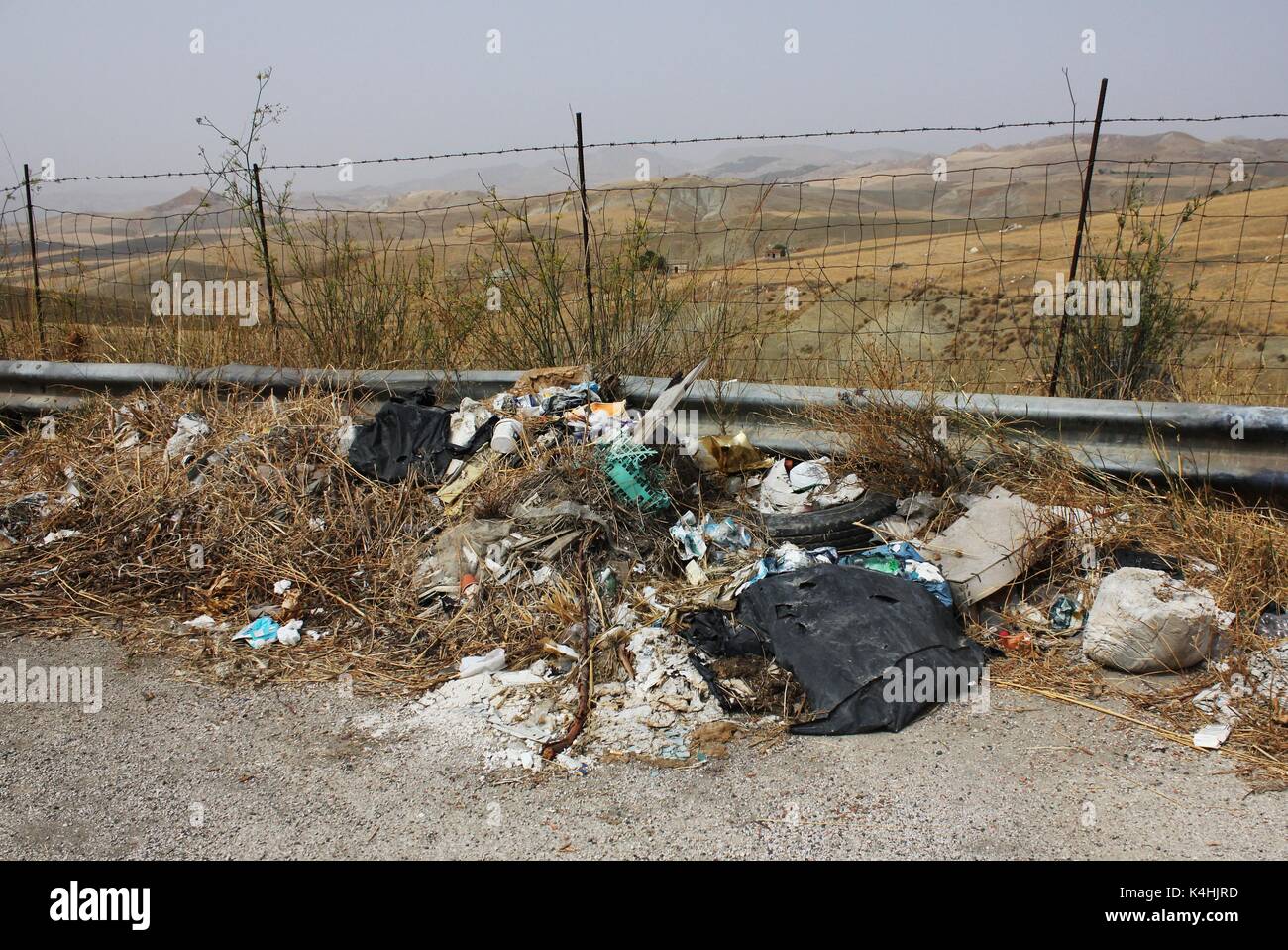 Garbage piled up in a layby near Caltanissetta on the Italian island of ...