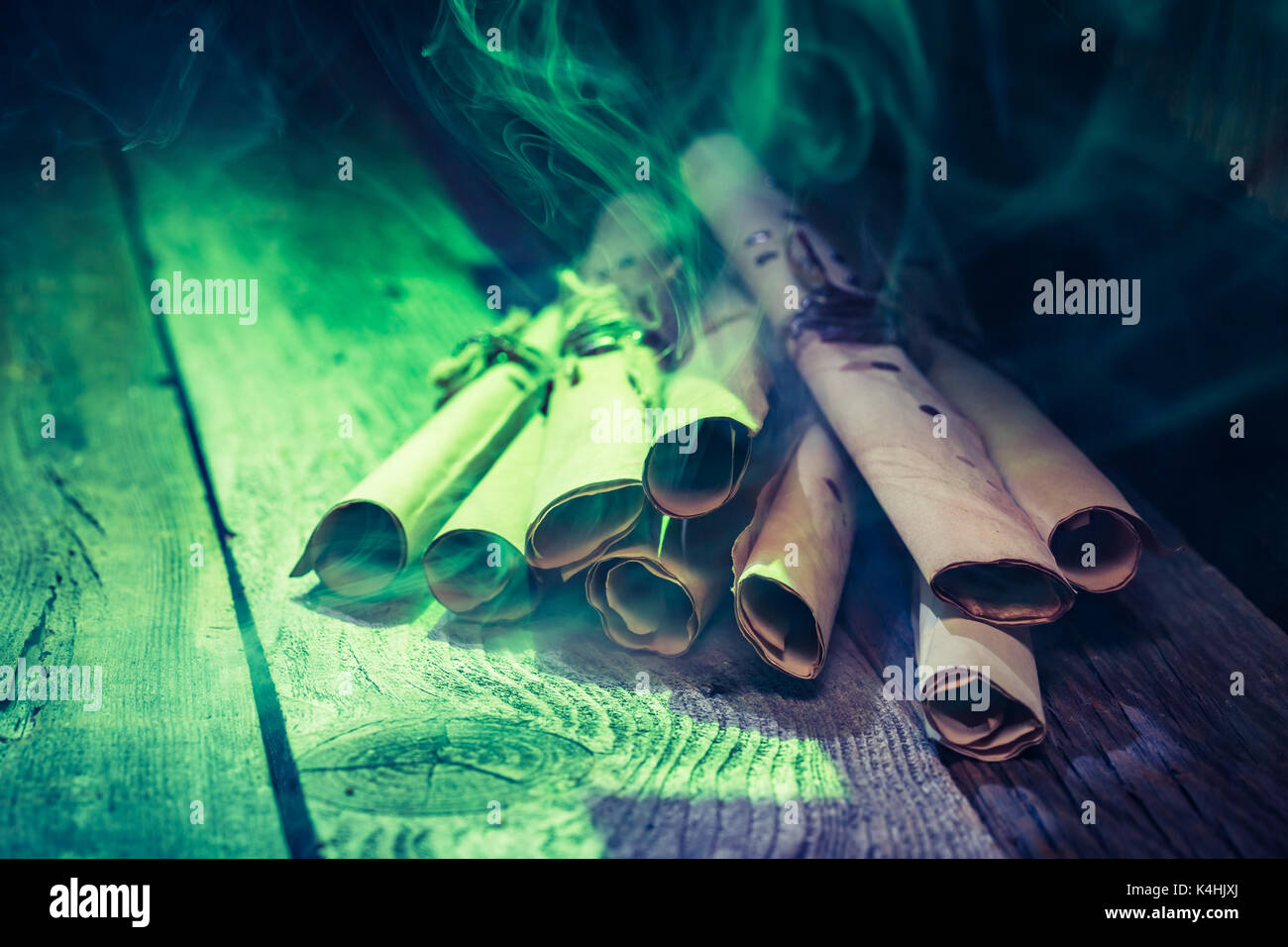 Witch workshop with green light and scrolls for Halloween Stock Photo ...