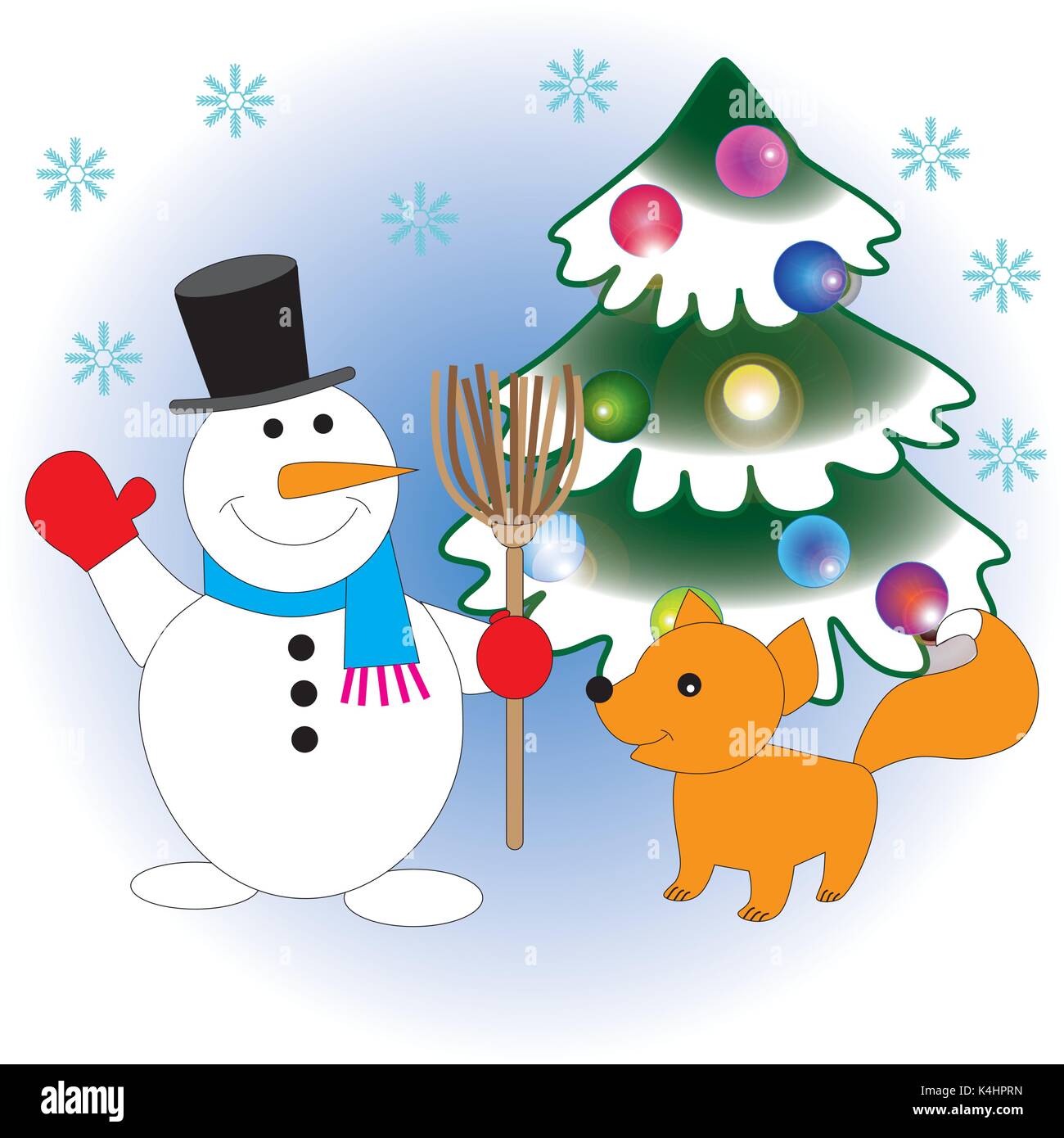 Merry Christmas! Snowman and fox meet Christmas at the Christmas tree ...