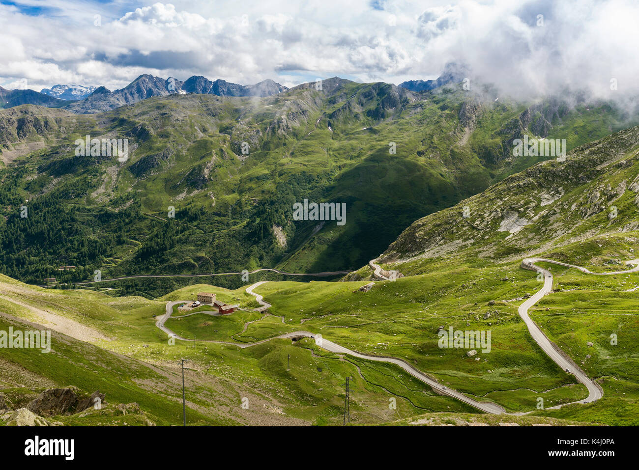 Great St. Bernhard Pass, pass road in the Aosta Valley, at back ...