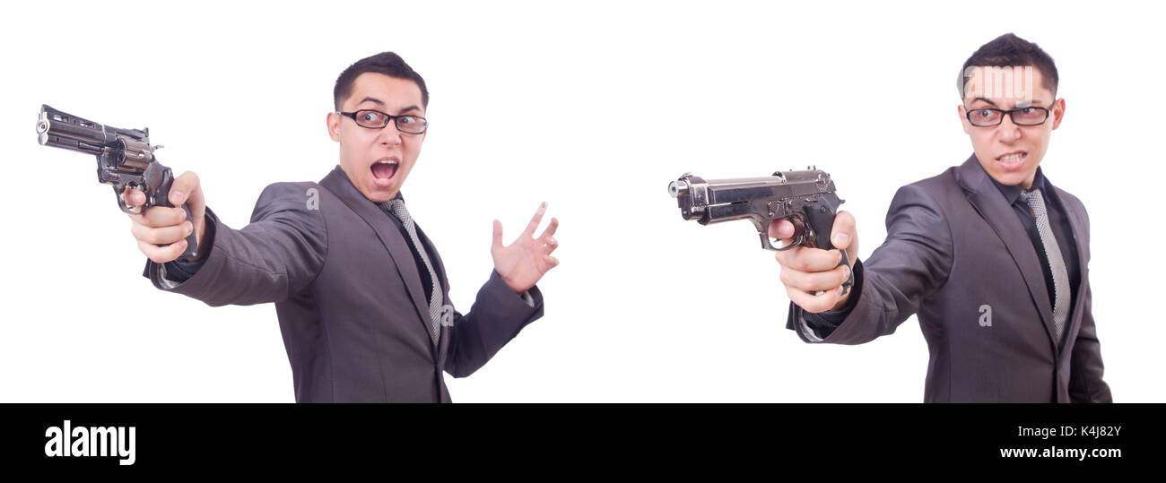 Funny businessman with gun on white Stock Photo - Alamy