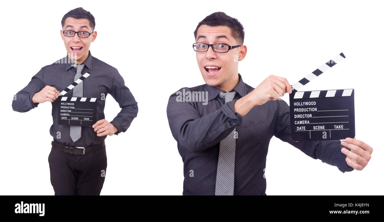 Funny man with movie clapper Stock Photo - Alamy