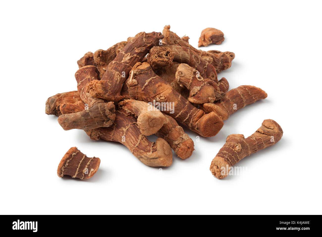 Heap of dried Alpinia galanga, Thai galangal on white background Stock ...