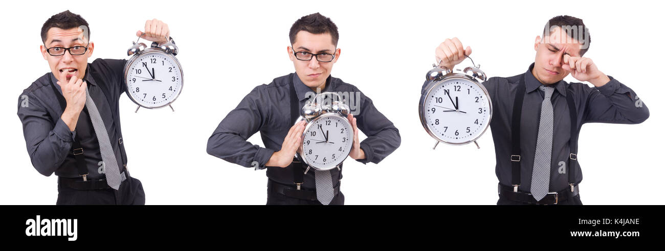 Funny businessman with clock isolated on white Stock Photo - Alamy