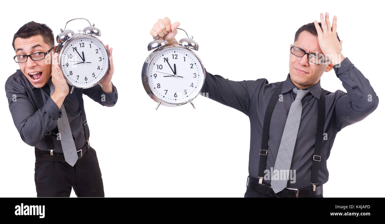 Funny businessman with clock isolated on white Stock Photo - Alamy