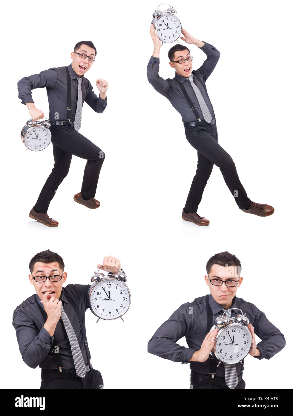 Funny businessman with clock isolated on white Stock Photo - Alamy