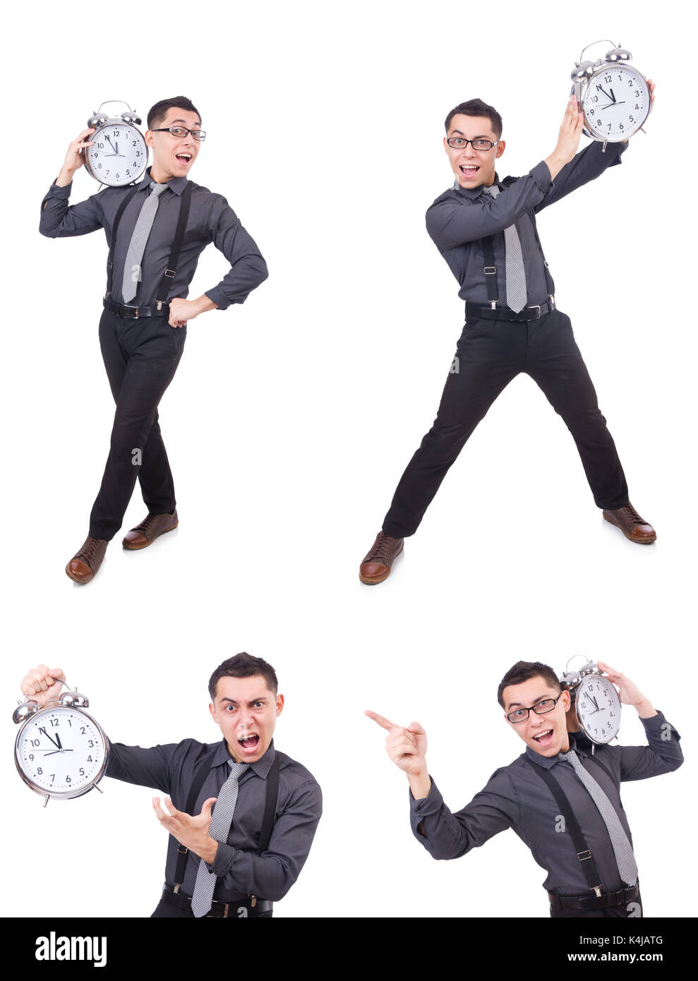 Funny businessman with clock isolated on white Stock Photo - Alamy