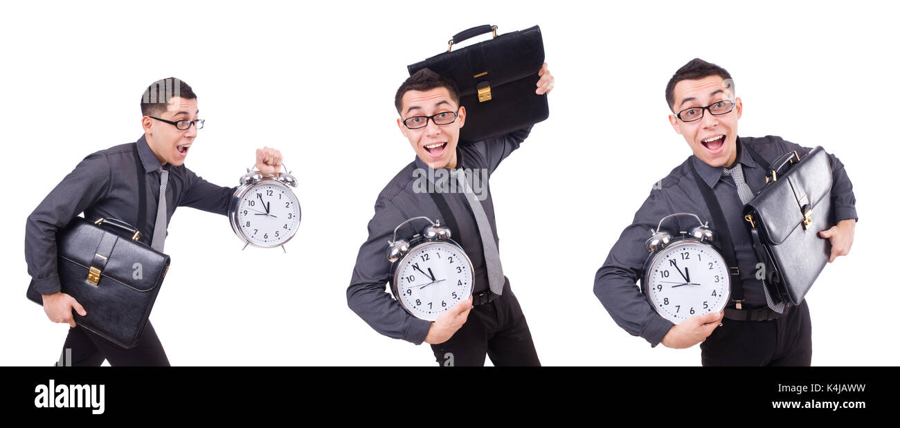 Funny businessman with clock isolated on white Stock Photo - Alamy