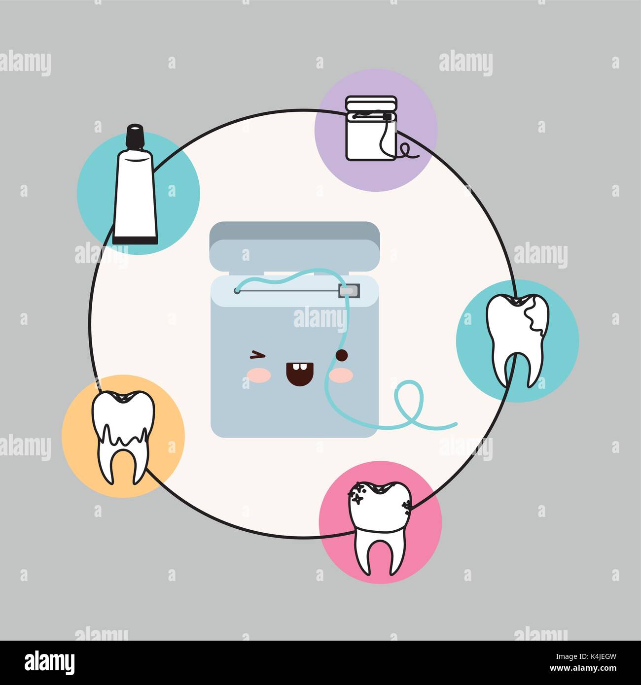 dental floss box kawaii with happiness expression with circular frame ...