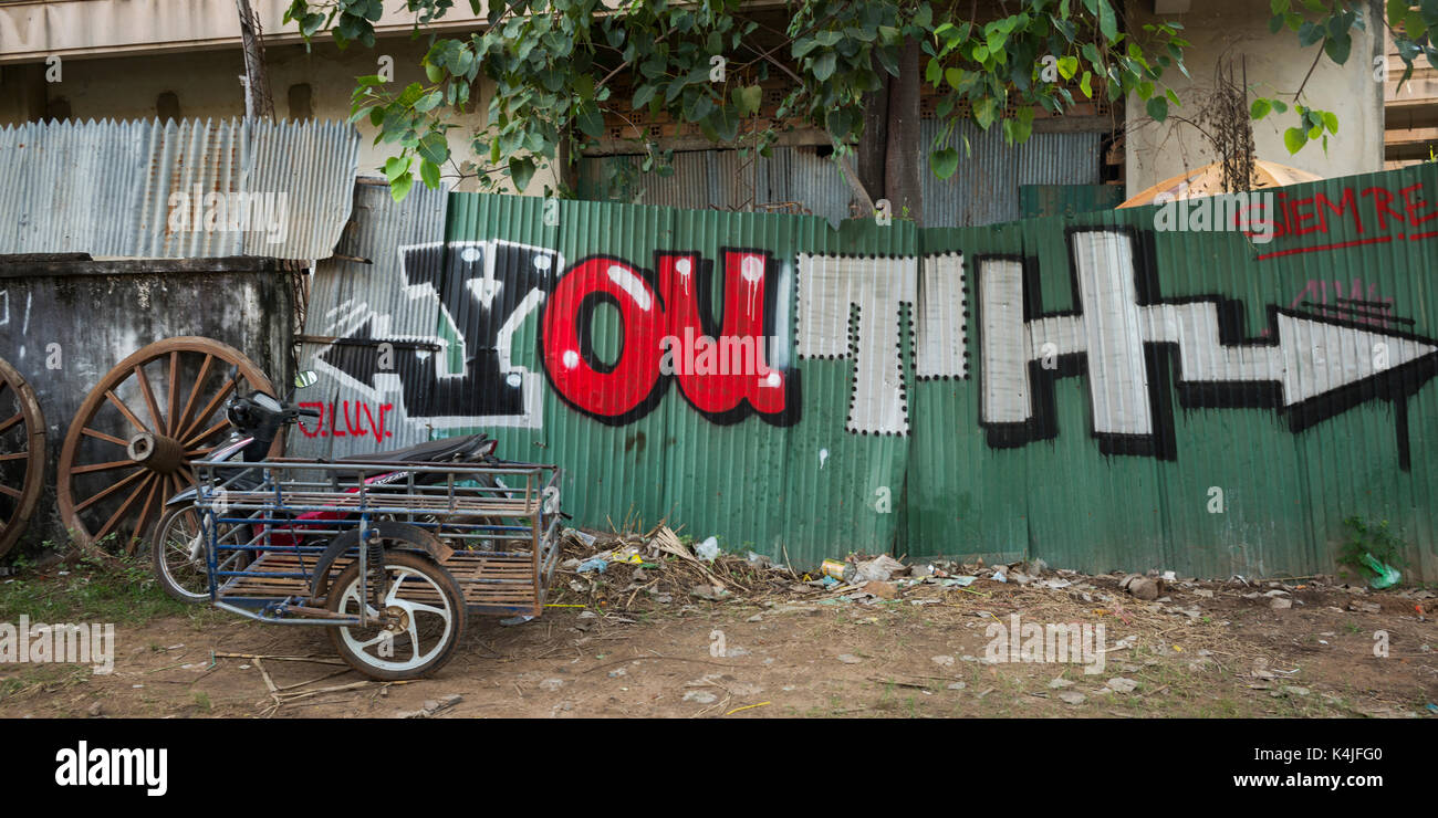 Graffiti on iron wall, Krong Siem Reap, Siem Reap, Cambodia Stock Photo ...