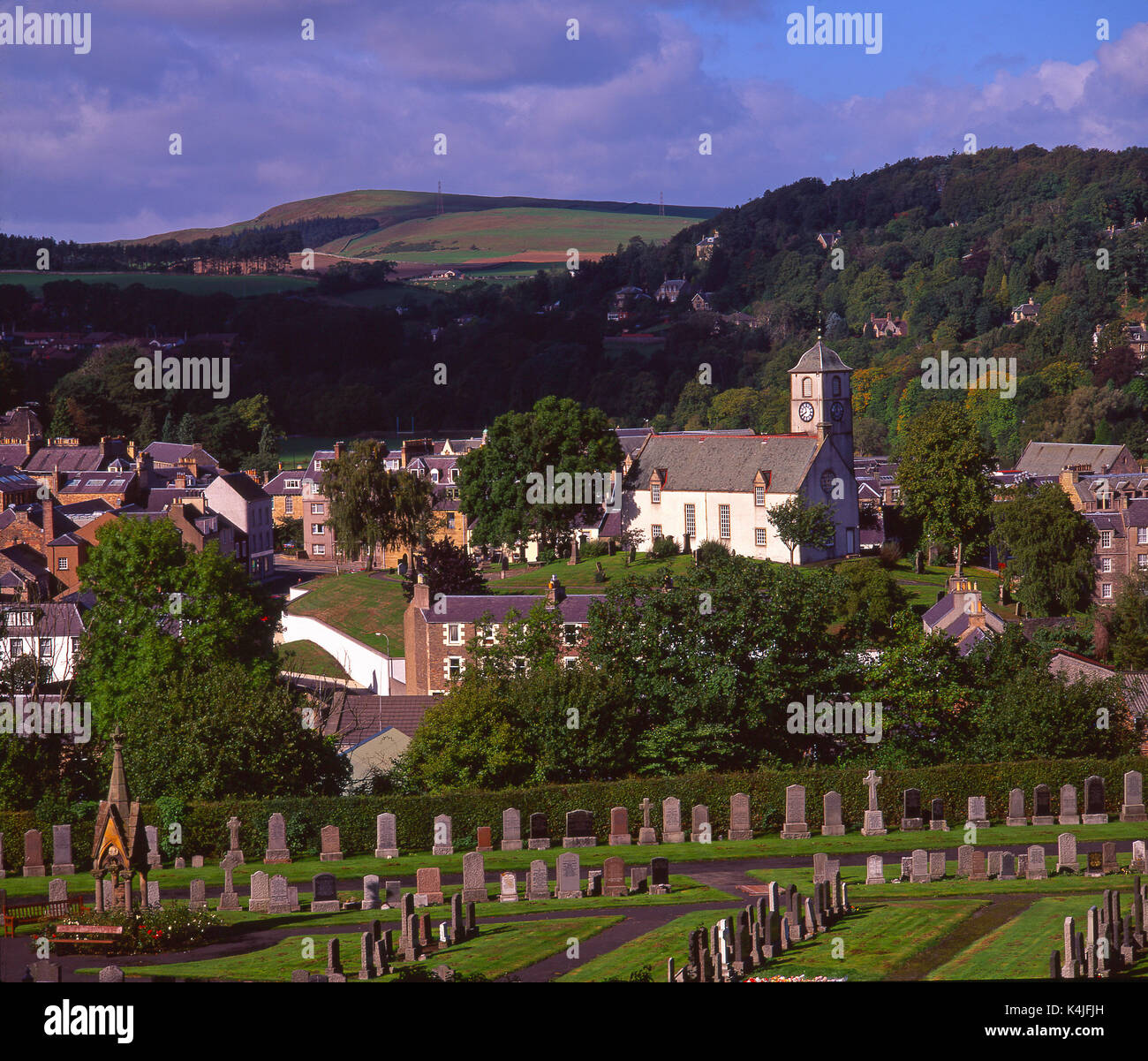 An unusual view of Hawick with St Marys Kirk in view, Hawick, Scottish ...