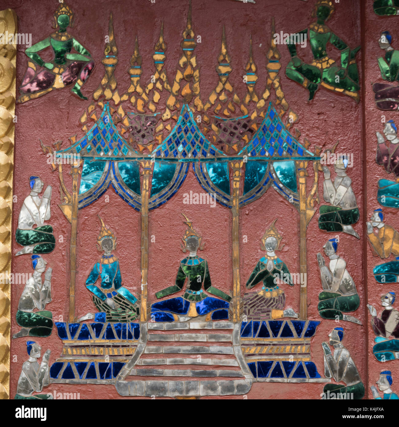 Mural on the wall of Buddhist temple, Wat Xieng Thong, Luang Prabang ...