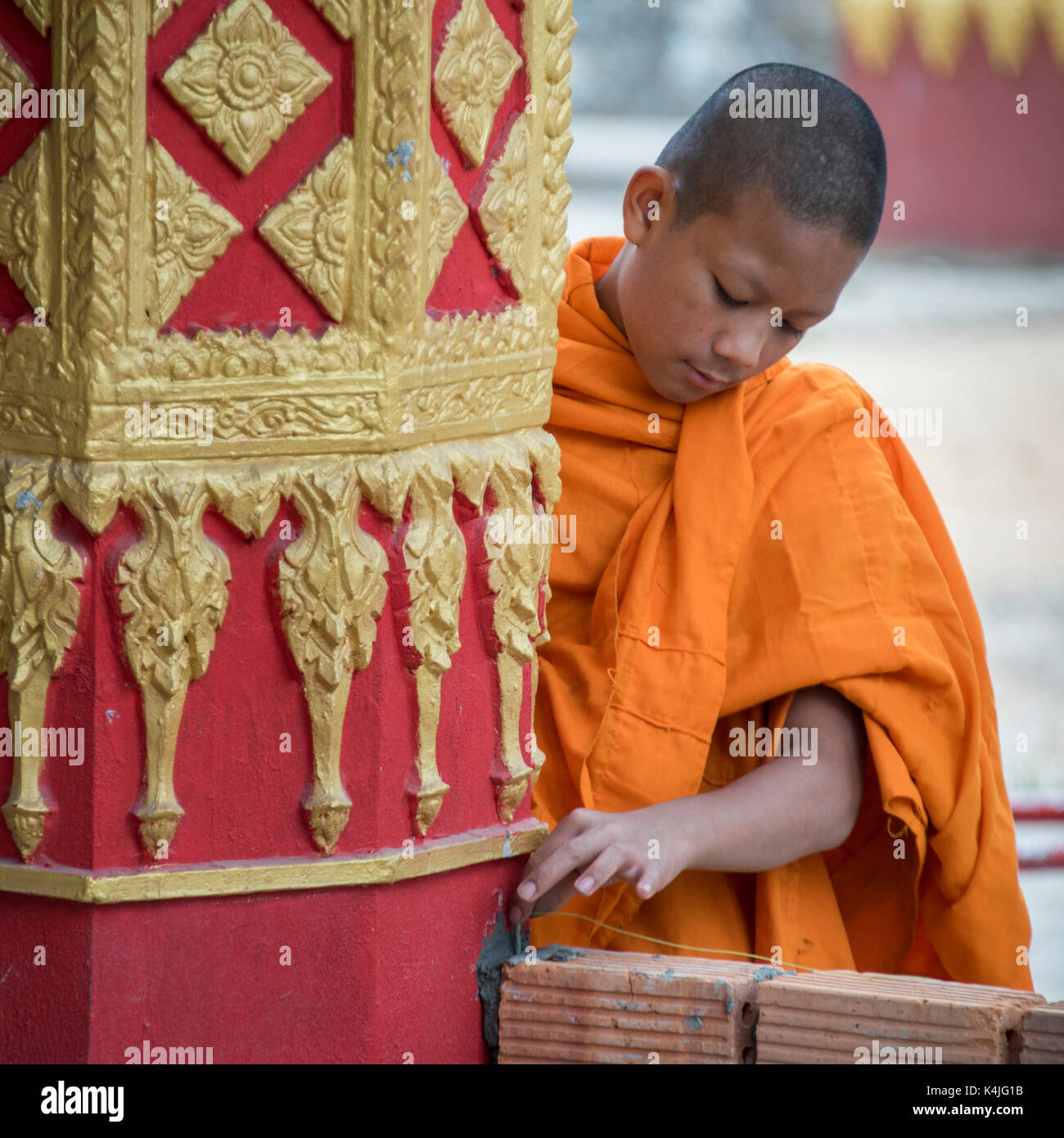 Boy monk standing outside temple, Luang Prabang, Laos Stock Photo - Alamy
