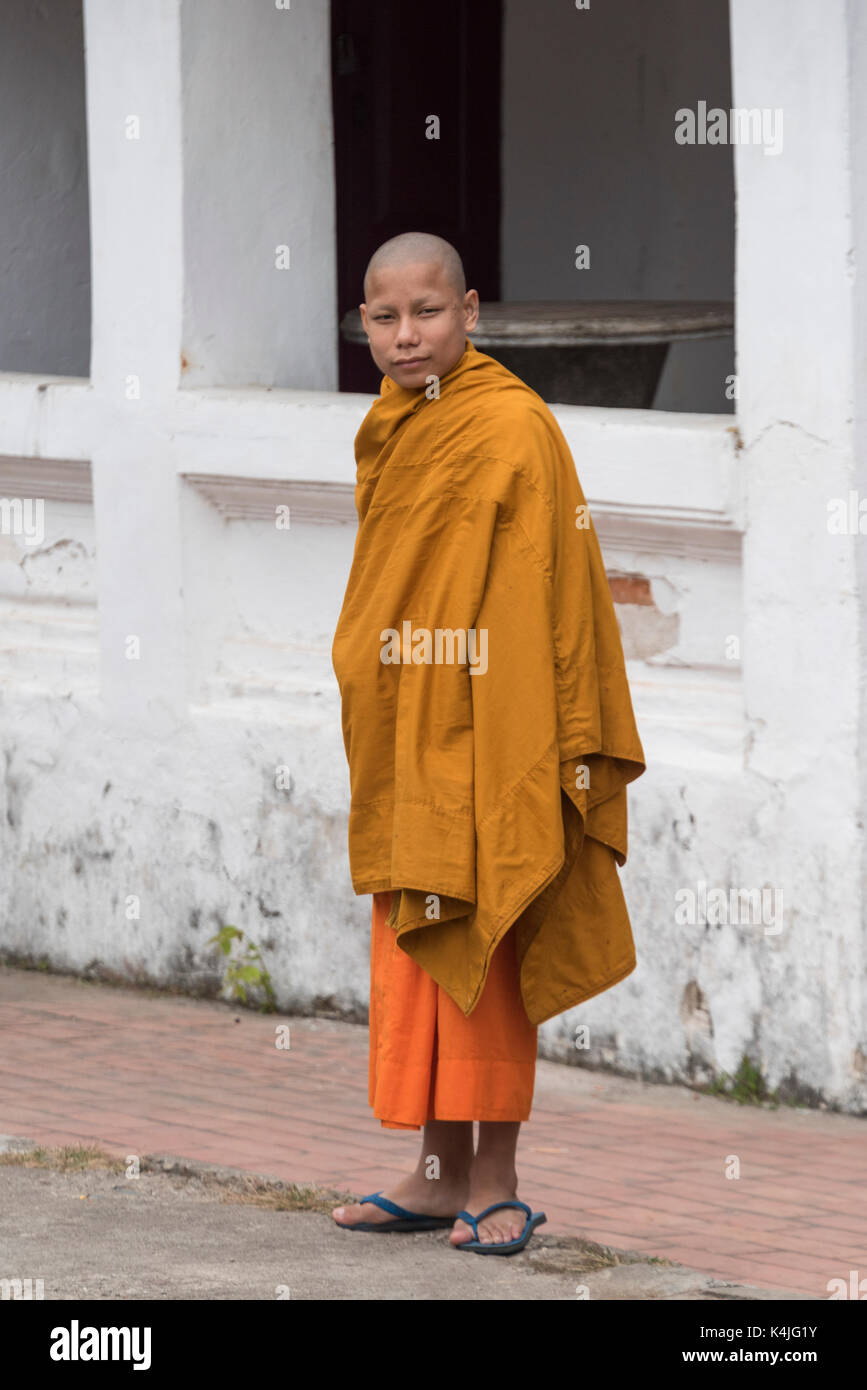 Portrait of boy monk standing outside temple, Luang Prabang, Laos Stock ...