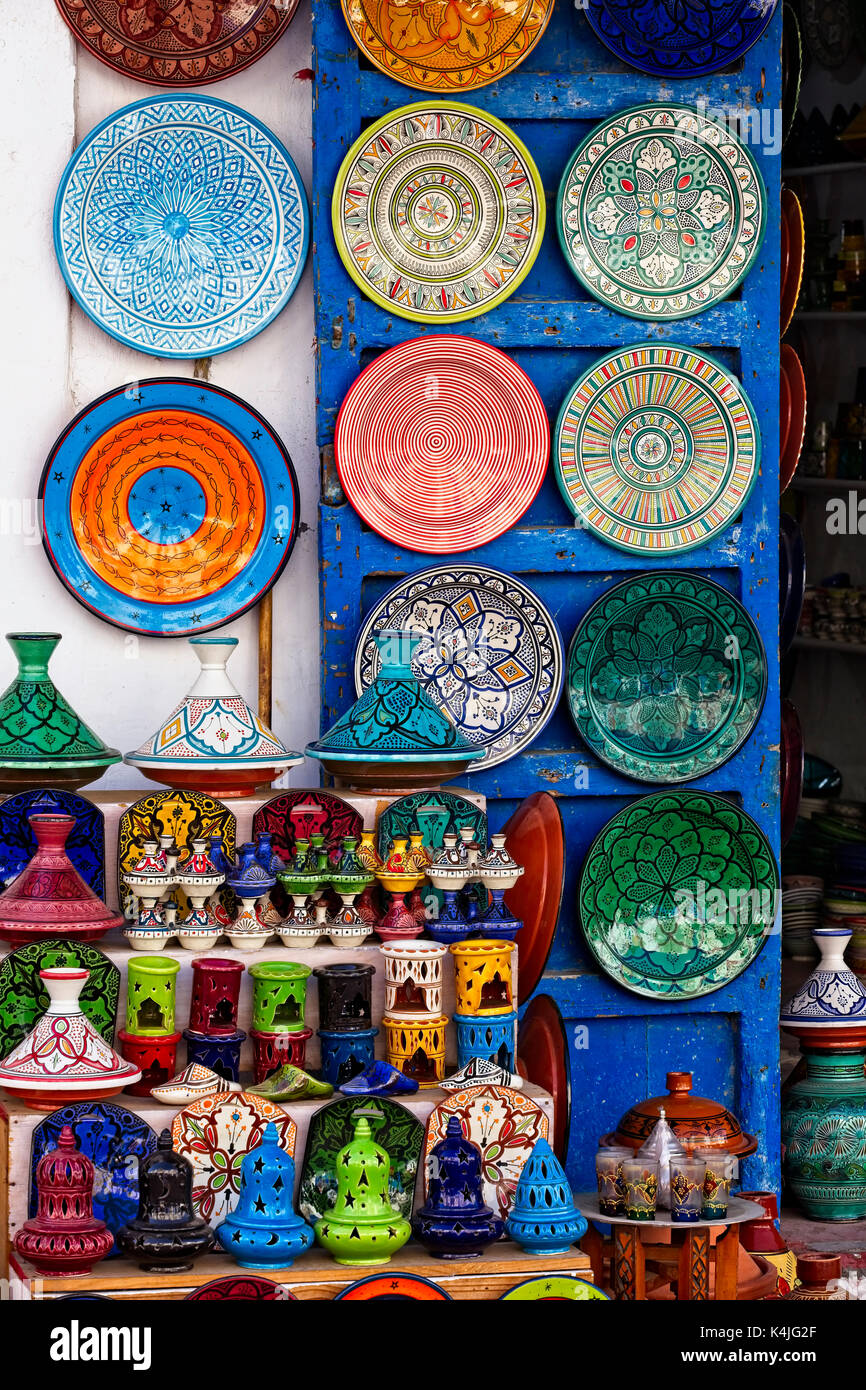 Highly patterned pottery in a street store, Essaouira, Morocco Stock ...