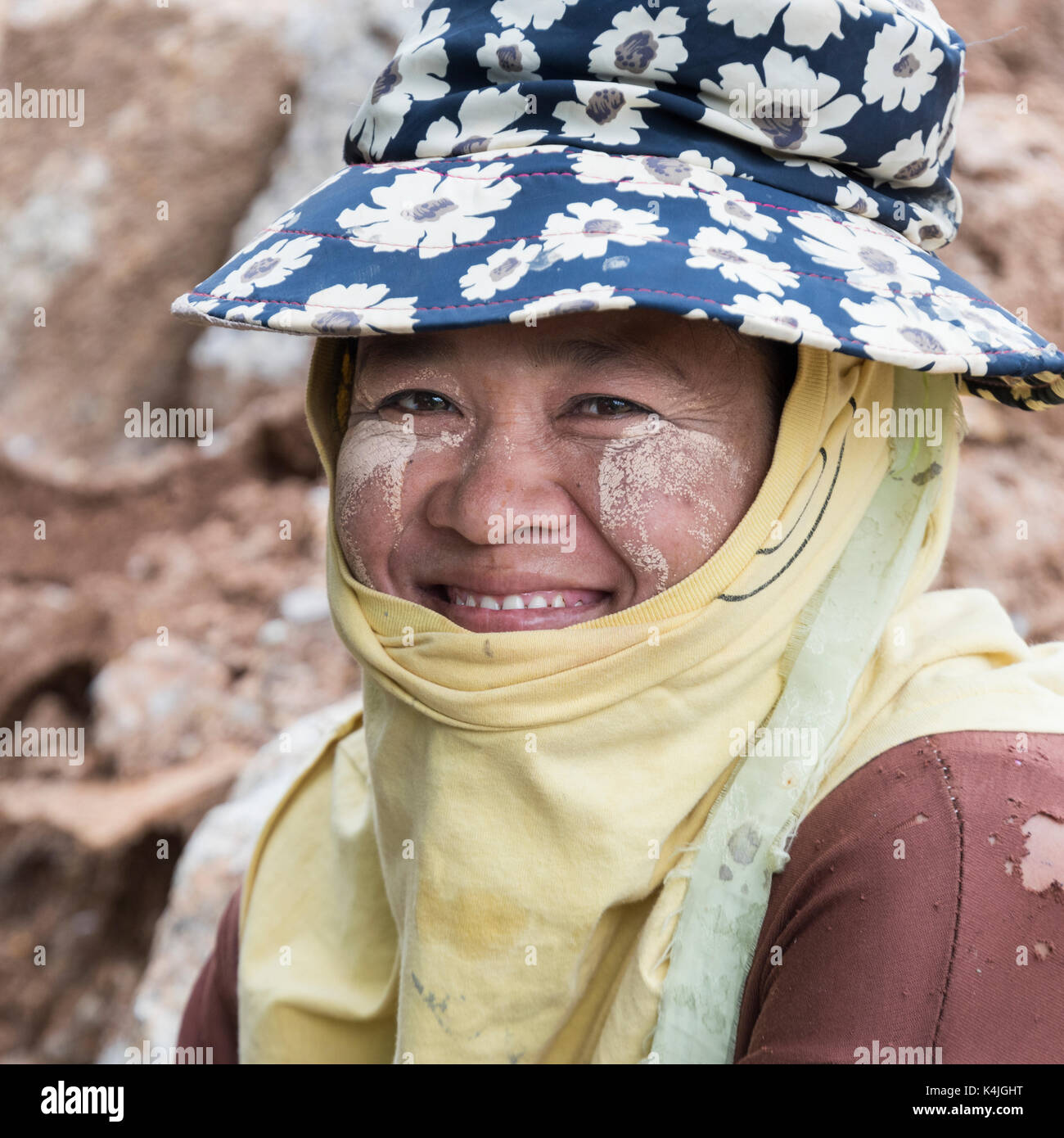 Portrait of a happy woman with tanaka powder on her face, Koh Samui ...