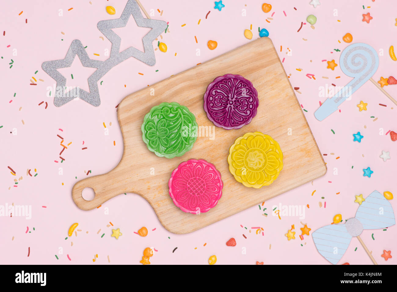 Table party setting. Traditional mid autumn festival colorful mooncakes ...