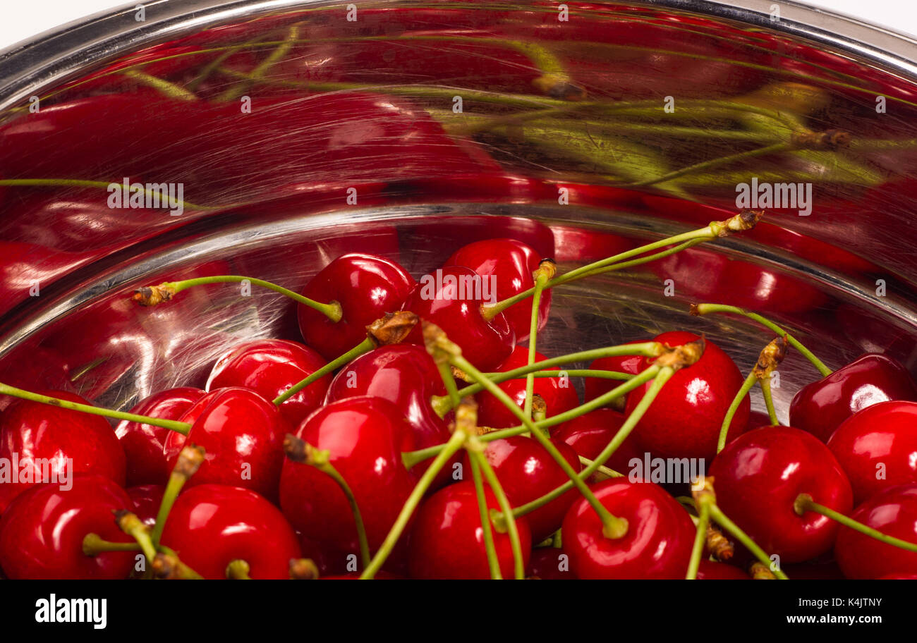 large ripe red cherries in a dish of stainless steel, close-up Stock ...