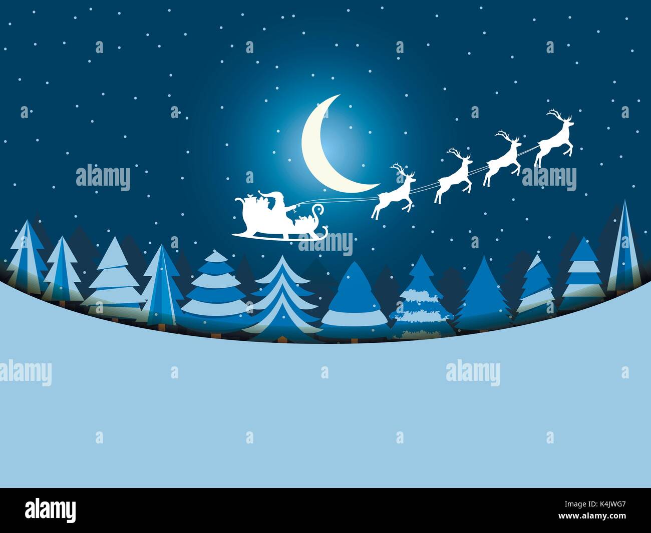 Santa Claus is flying in a sleigh with reindeer over the forest ...