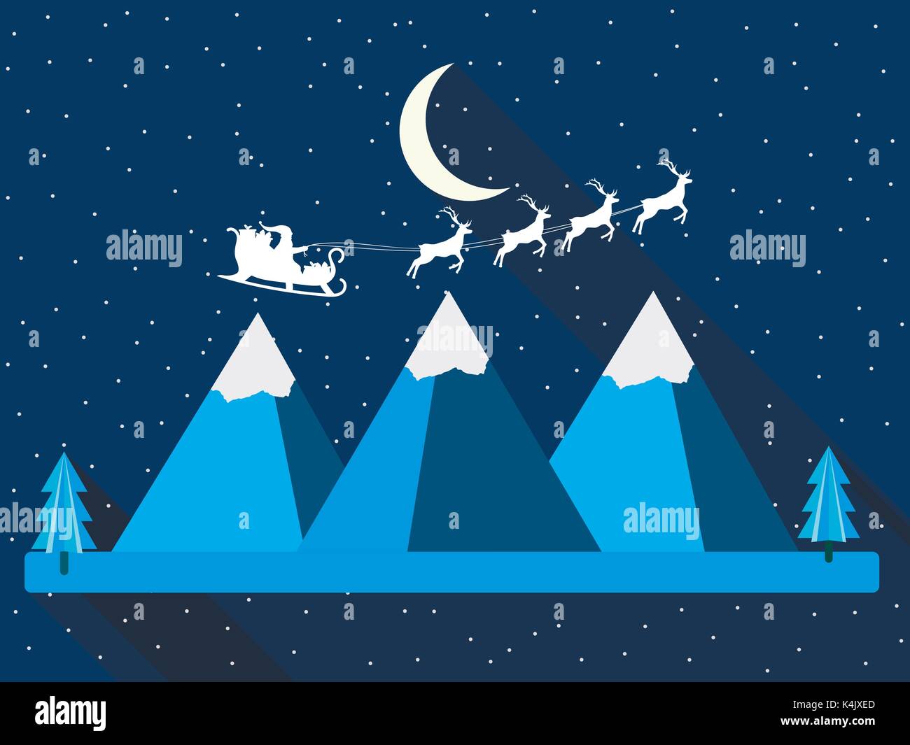 Christmas background. Santa Claus is flying in his sleigh. Mountains in ...