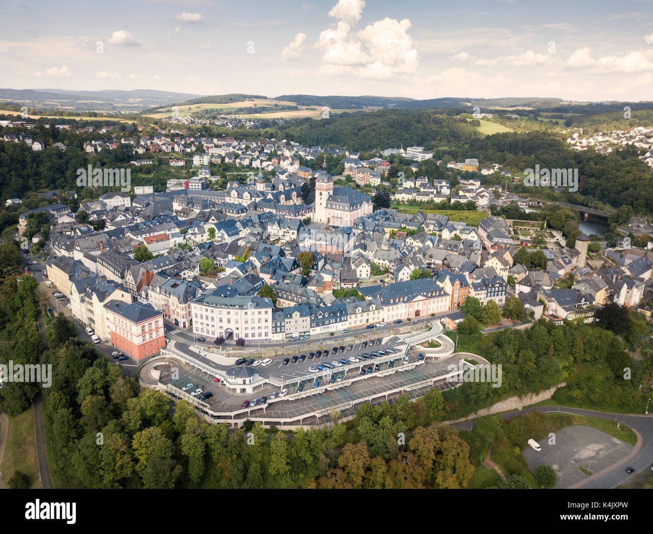 Aerial view over the old town of Weilburg. Limburg-Weilburg district in ...