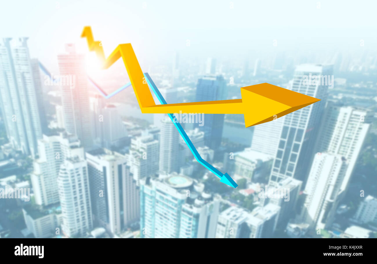 Rising graph and decreasing graph with city background, successful ...