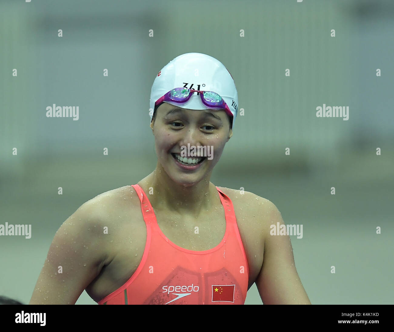 Tianjin. 6th Sep, 2017. Liu Xiang of Guangdong reacts after the women's ...